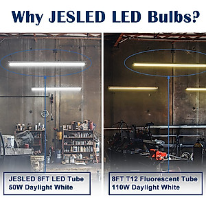 JESLED T8 T10 T12 8FT LED Light Bulbs, 50W 6000LM, 5000K Daylight White, Single Pin Fa8 LED Tube Replacement for Fluorescent Fixtures, Frosted, Ballast Bypass, Warehouse Workshop Garage Lights 4-Pack