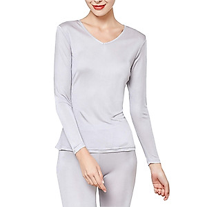 METWAY Women's Silk Long Johns V-neck Pure Silk Silk Long Underwear Thermal Underwear Sets for Winter Base Layer (X-Large SilverGrey)