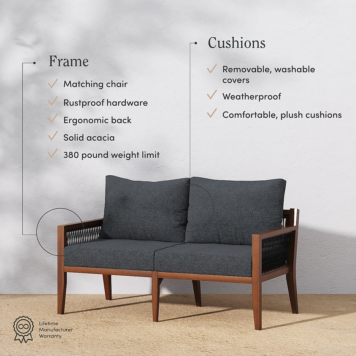 Nathan James Freya Bohemian Wood Loveseat, Upholstered Loveseat Sofa for Patio, Solid Acacia Wood Frame, Dark Acacia