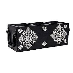Mela Artisans 3-Slot Wooden Desk Organizer – “Mehndi” Utensil Caddy for Kitchen Countertop, Desk, & More - Dark Grey Cutlery Caddy w/ Black Powder Coating Handle -Office Supplies Organizer -13”x5”x5