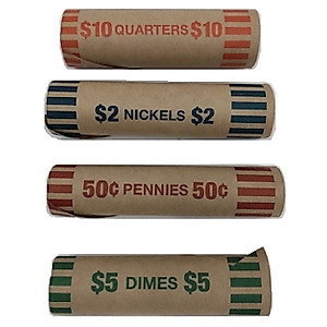 Assorted Coin Wrappers, 100 Preformed Quarters, Dimes, Nickels, Pennies