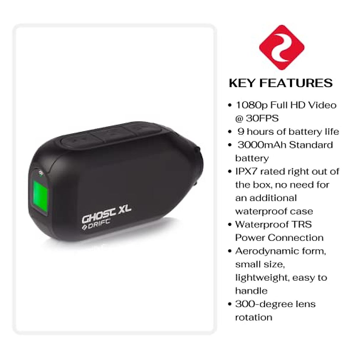 Drift Innovation Ghost XL Action Camera – 1080 Full HD Video Camera with Rotating Lens and Dash Cam Mode – IPX7 Waterproof Camera – 9 Hour Battery Life – 12MP Still Photos