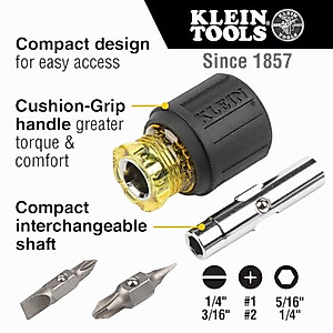 Klein Tools 32561 Multi-Bit Screwdriver / Nut Driver, 6-in-1 Stubby Screwdriver with 2 Phillips, 2 Slotted Bits, 2 Nut Drivers