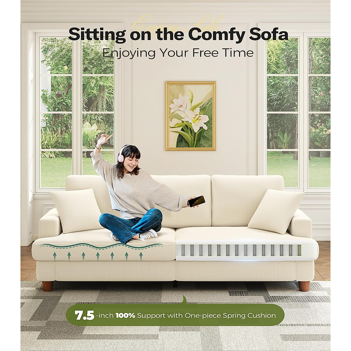 Kidirect 87in Beige White Sofa, Couches for Living Room 21in Extra Deep Seats, Comfy Corduroy Sofas for Living Room No Tool Assembly, Modern Oversized Love Seat with 2 Pillows, Sofa Couch for Bedroom