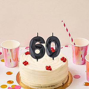 2 inch Black 60 Birthday Candles, 3D Diamond Number 60 Cake Topper for Men Women Birthday Party Decorations Theme Party