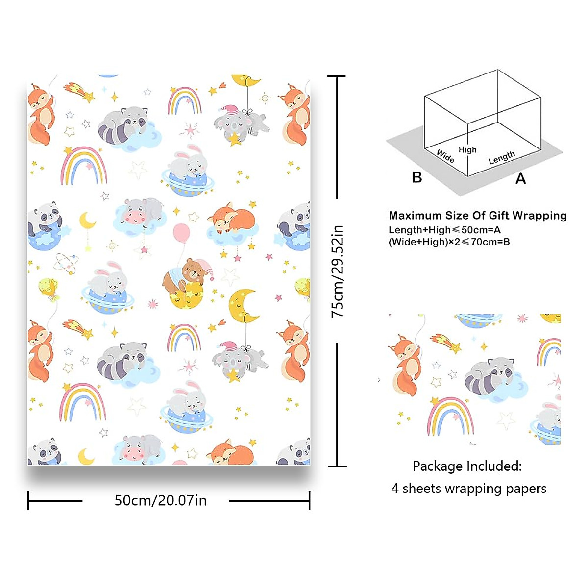 Animals Sleeping Wrapping Paper for Baby Infant Boys Girls, Good Night Rabbit Panda Fox Bear Koala Rainbow Moon Gift Wrap Paper Sheet for Baby Shower Birthday Kindergarten Newborn Children Kids