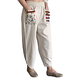 Minibee Women's Baggy Linen Wide Leg Trousers Casual Patchwark Elastic Waist Harem Pants Linen XL