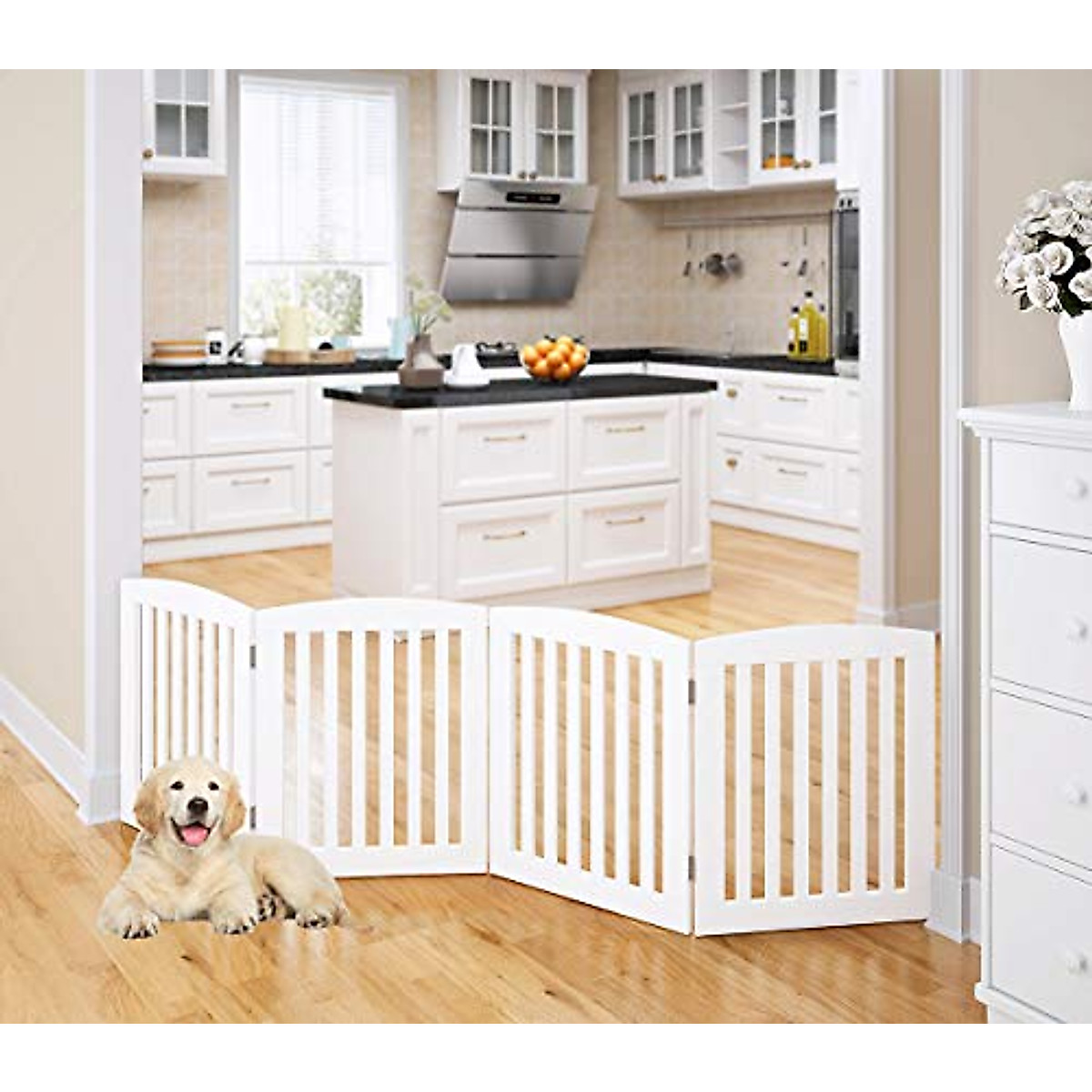 PAWLAND Wooden Freestanding Foldable Pet Gate for Dogs, 24 inch 4 Panels Step Over Fence, Dog Gate for The House, Doorway, Stairs, Extra Wide (White, 24" Height-4 Panels)