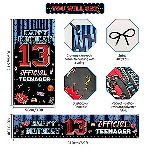 Happy 13th Birthday Decoration Set, Official Teenager 13 Birthday Backdrop Banner for Boys Girls, Thirteenth Birthday Party Yard Sign 13 Year Old Photo Booth Props Poster, Sturdy, Fabric, PHXEY