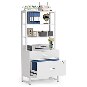 Tribesigns 2 Drawer Vertical File Cabinet with Lock & Bookshelf, Letter Size Large Modern Filing Cabinet Printer Stand with Open Storage Shelves for Home Office, White
