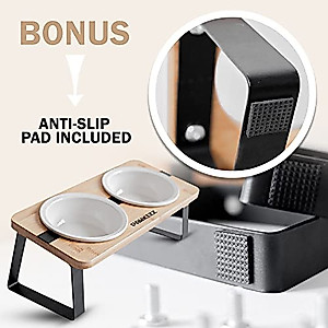 Elevated Cat Ceramic Bowls Stand for Food and Water, Small Dog, Anti Vomit, Indoor Cats, Tilted Feeding Position, Full Bamboo Body Stand with Food Grade, Whisker Friendly Dish for Cats and Puppy