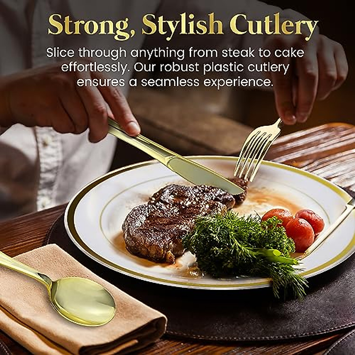 600 Piece Gold Dinnerware Set – 200 White and Gold Plastic Plates – Set of 300 Gold Plastic Silverware – 100 Gold Plastic Cups – Disposable Gold Dinnerware Set for Party or Wedding up to 100 Guests