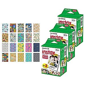 3X Fujifilm instax Mini Instant Film (60 Exposures) + 20 Sticker Frames for Fuji Instax Prints Travel Package