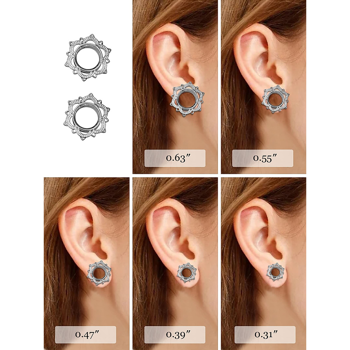 2 Pcs Ear Gauges for Women Men Stretchers Earrings Floral Hollow Ear Tunnels Boho Ear Expander Piercing Gauge Plug Earrings Body Jewelry(16 mm)