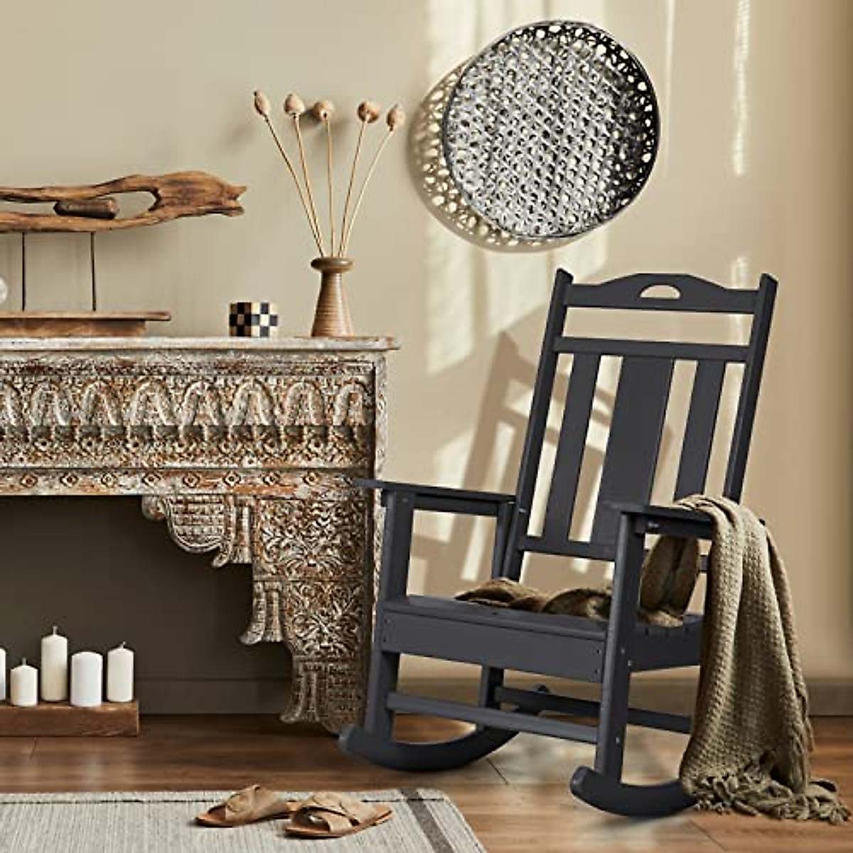 LOENIY Outdoor Rocking Chair All Weather Resistant Rocking Chair with High Backrest Patio Rocking Chair Outside Rocker (1, Black)