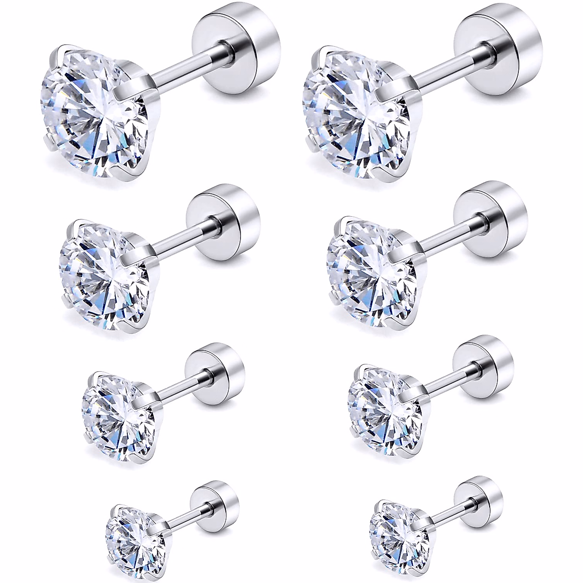 Cisyozi 18G Flat Back Stud Earrings for Women Men 316L Silver Stainless Surgical Steel Diamond Screw Back On Cartilage Helix Tragus Conch Ear Lobe Stud Earrings Set Pack Barbell Piercings Jewelry 6mm