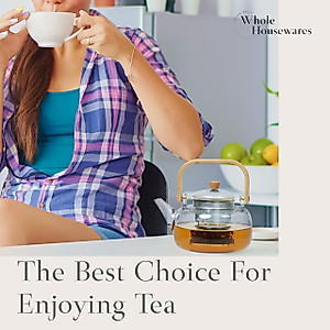 WHOLE HOUSEWARES Glass Teapot with Infuser - Borosilicate Glass Tea Kettle with Bamboo Lid - Clear Tea Pot - Dishwasher & Stovetop Friendly - Microwave Safe - Tea Lovers Gift Cups