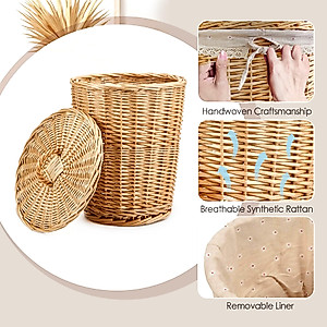 Winsterch Handwoven Laundry Hamper,Wicker Laundry Basket with Lid and Handles,Dirty Clothes Hamper Laundry Basket with Removable Liner Bag,Laundry Basket (Round)