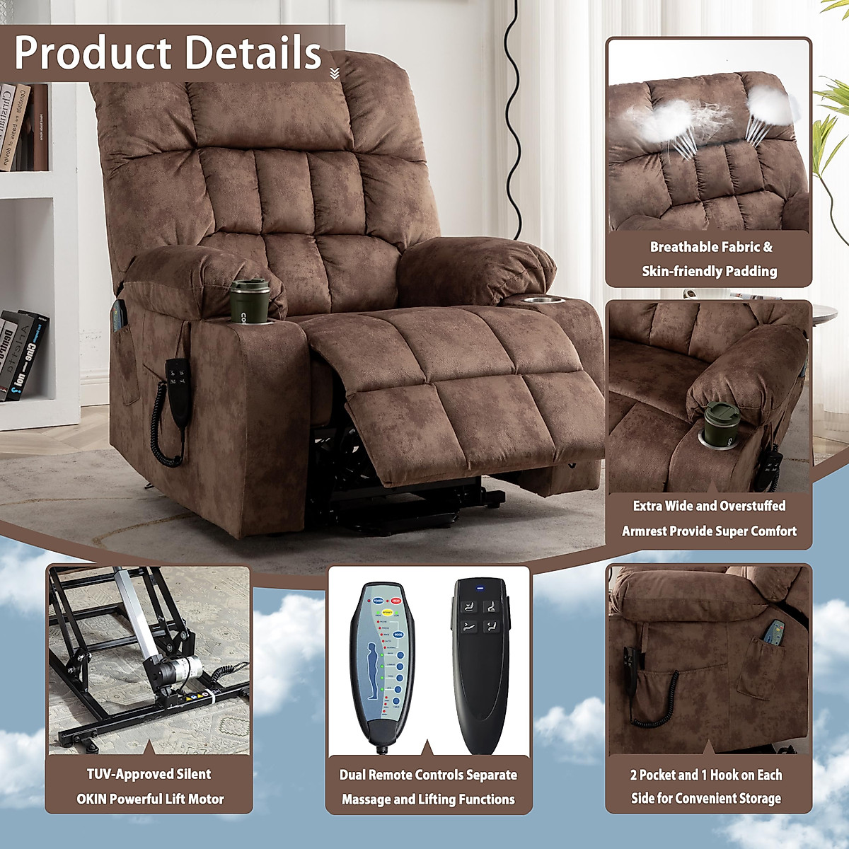 PUG258Y Power Lift Recliner Chair: Electronic Recliner Chair with Heat and Massage for Big and Tall Elderly, 2 Cup Holder, Lay Flat to 180, Dual OKIN Motors - 9688 (XX-Large,Brown Camo)