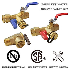 Xiny Tool 3/4-Inch IPS Isolator Tankless Water Heater Service Valve Kit with Pressure Relief Valve, Clean Brass