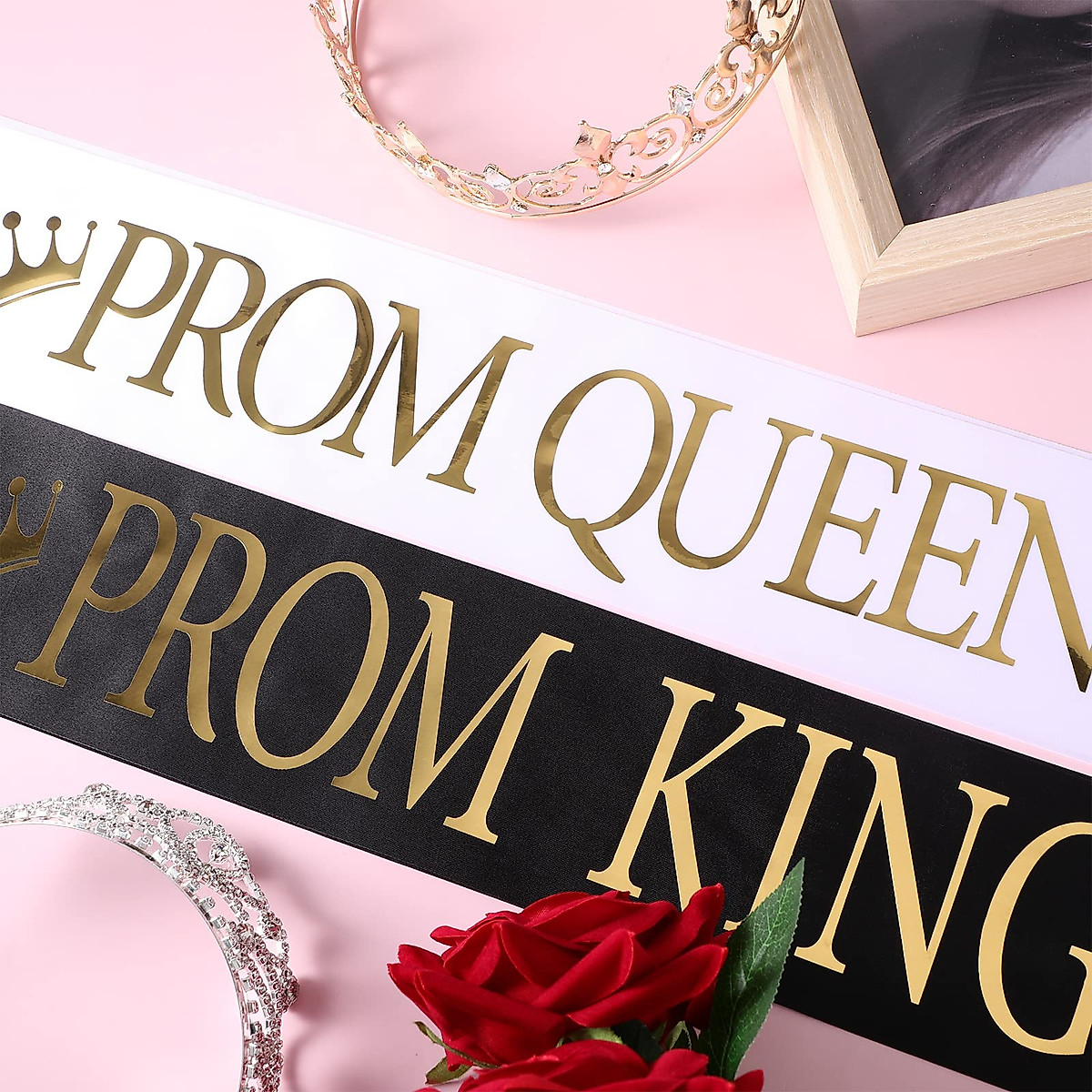 Saintrygo 4 Pcs Prom King and Prom Queen 80s Prom Party Favors Crowns Tiara Sash Shiny Satin Adults Cosplay 2024 Grad Crown Sash (Modern Style)