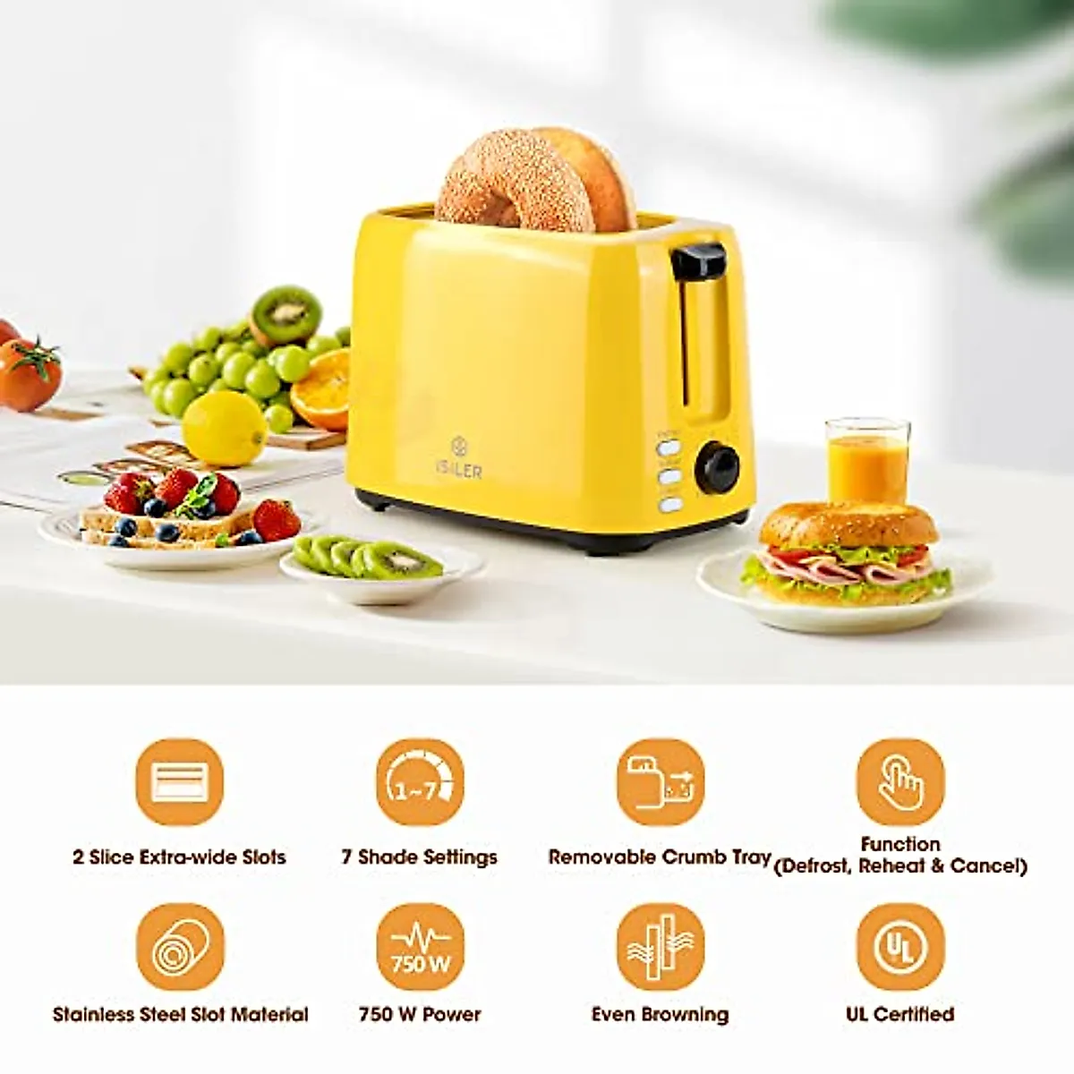 iSiLER 2 Slice Toaster, 1.3 Inches Wide Slot Bagel Toaster with 7 Shade Settings and Double Side Baking, Compact Bread Toaster with Removable Crumb Tray, Defrost Cancel Function Yellow