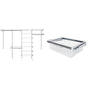 Rubbermaid Fasttrack Closet Kit, White, 6-10 Ft, Wire Shelving Kit & Configurations Sliding Basket for Closet Drawer Organization, Sturdy Slide Out Basket, White