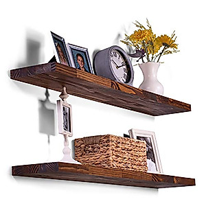 DAKODA LOVE 48" x 8" Butcher Block Solid Wood Floating Shelves | Premium Handmade Quality | Easy Hidden Bracket Wall Mount | Farmhouse Rustic Pine | Set of 2 (Bourbon)