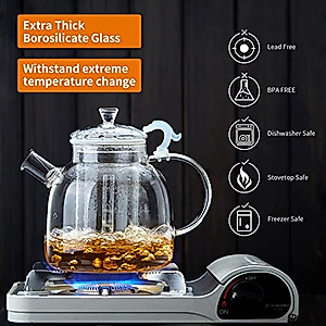 DOPUDO GRANDEUR Glass Teapot, 1850ml/ 62oz Glass Kettle with Removable Infuser, Borosilicate Glass Tea Pot for Stovetop, Loose Leaf and Blooming Tea Maker
