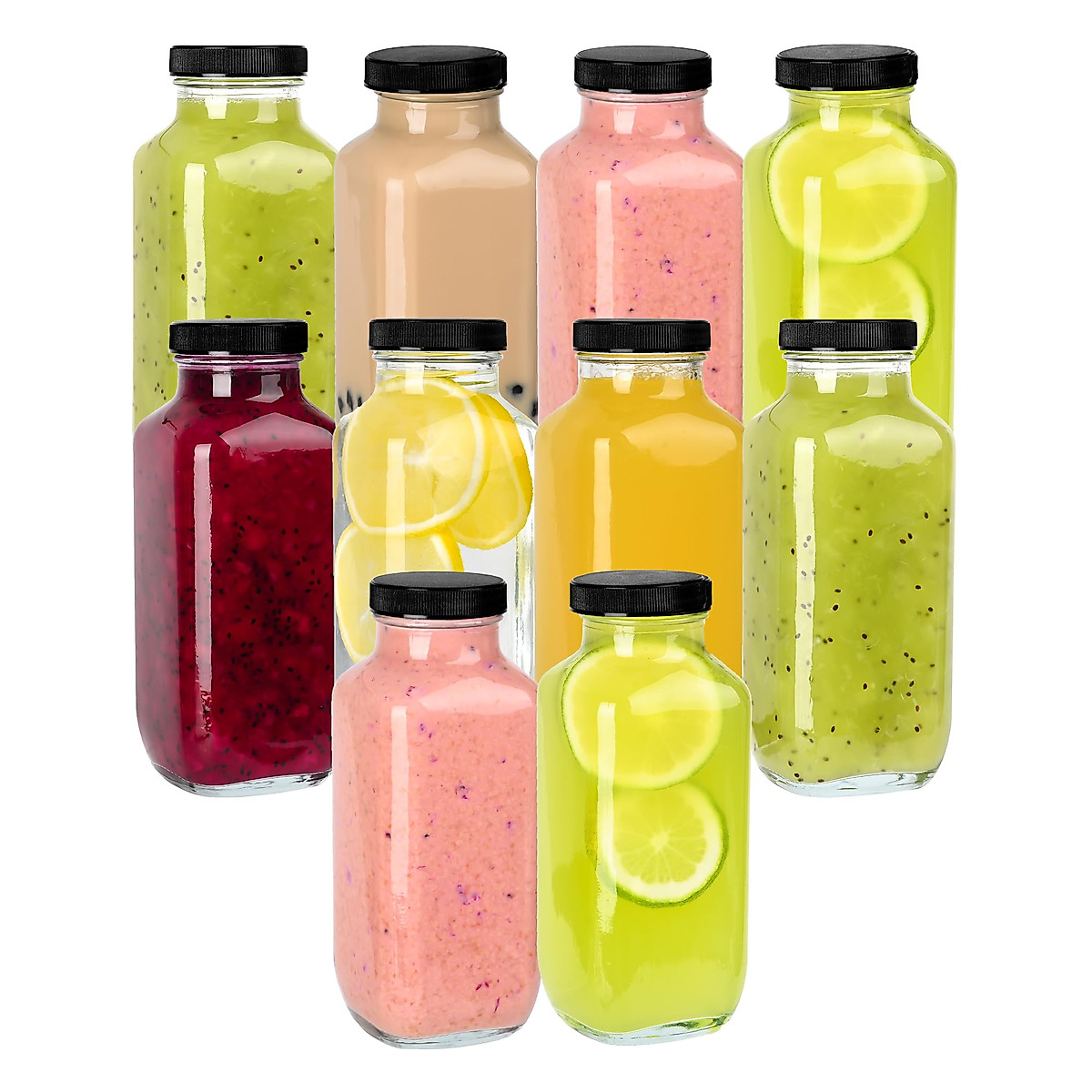 10Pas Glass Juice Bottles with Lids 16 Oz - Clear Glass Bottles with Lids, Juicing Bottles Reusable, Drink Jars Containers for Juicing, Smoothies, Water, Milk, Kombucha Storage, Wellness Shots