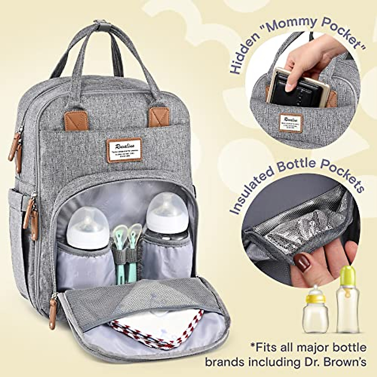 Diaper Bag Backpack, RUVALINO Multifunction Travel Back Pack Maternity Baby Changing Bags, Large Capacity, Waterproof and Stylish, Gray