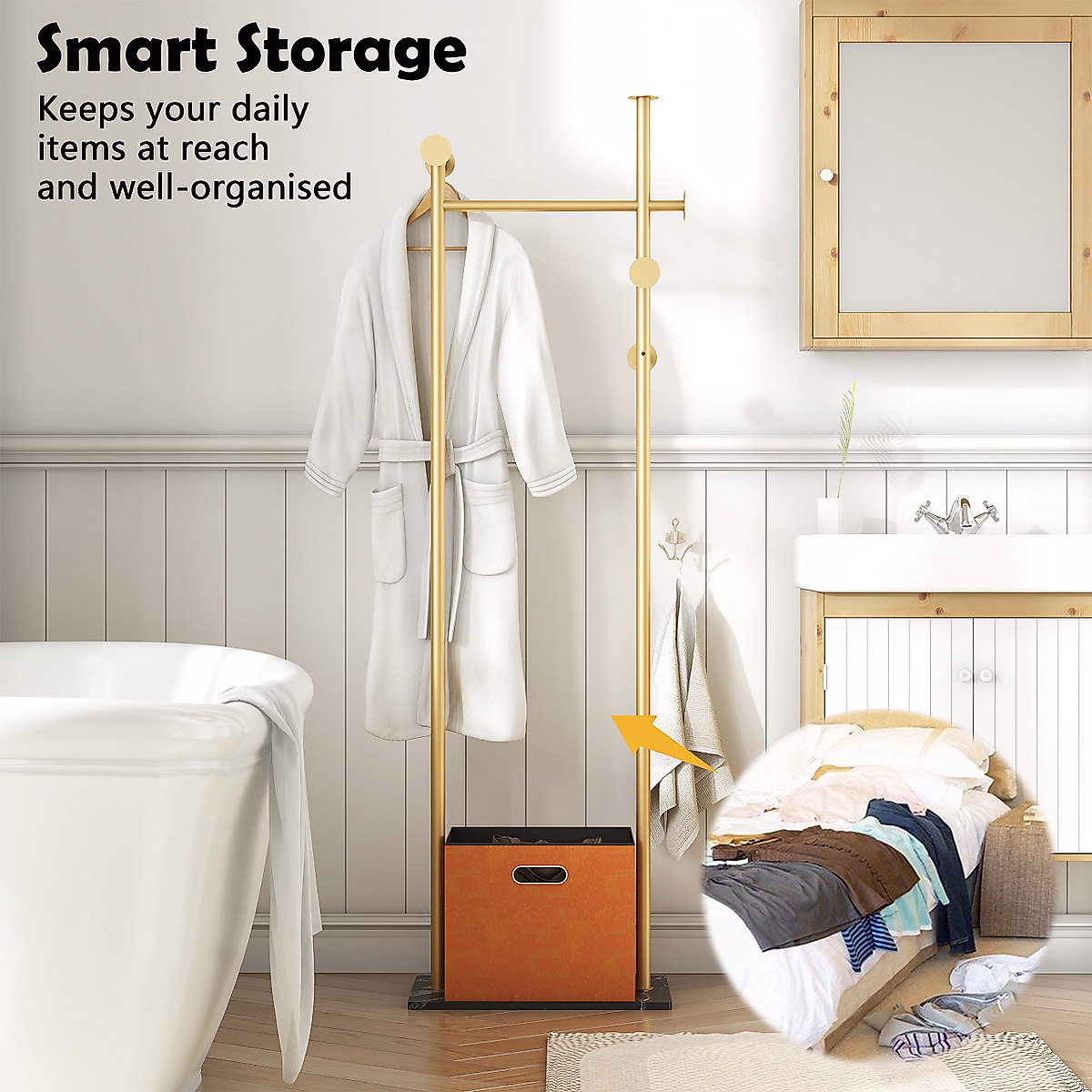 Gold Clothing Rack, Metal Coat Racks Clothes Rack with Natural Marble Base and Hamper, Clothes Racks for Hanging Clothes Skirts, Shirts, Sweaters Jackets