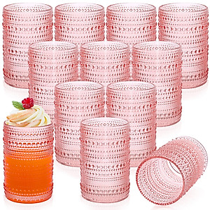 Roshtia 12 Set Pink Hobnail Beaded Drinking Glasses 15 oz Vintage Glassware Old Fashioned Iced Beverage Glasses Textured Cocktail Glasses Embossed Glassware Cups for Juice, Water, Not Dishwasher Safe
