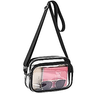 Clear Bag Stadium Approved PVC Clear Crossbody Bag Clear Purse with Front Pocket for Work Concert Security Travel Sports Black