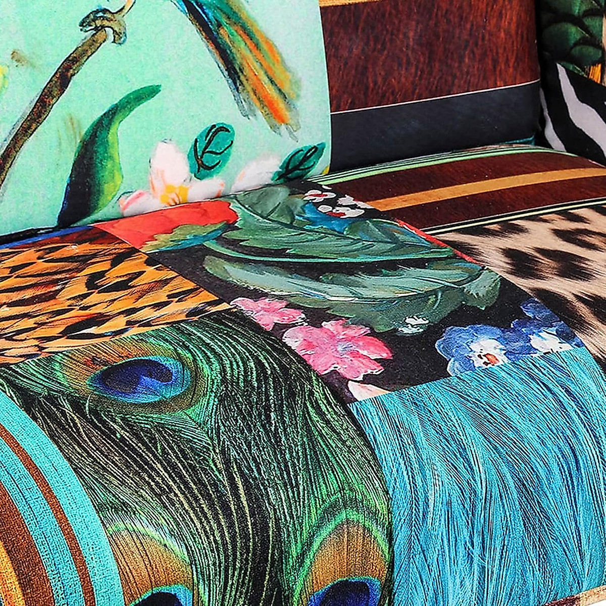 Maykoosh Modern Motifs Bird Collage Print Settee with Plush Velvet Upholstery, Adjustable Foot Pads, and Sturdy Wood Frame - 38” H for Vibrant Living Room or Hallway Seating