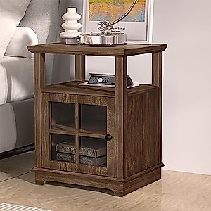 FAGAGA End Table with Charging Station, Side Table with Storage, Wireless Charging End Table for Living Room,Dark Walnut Nightstand with Adjustable Shelf