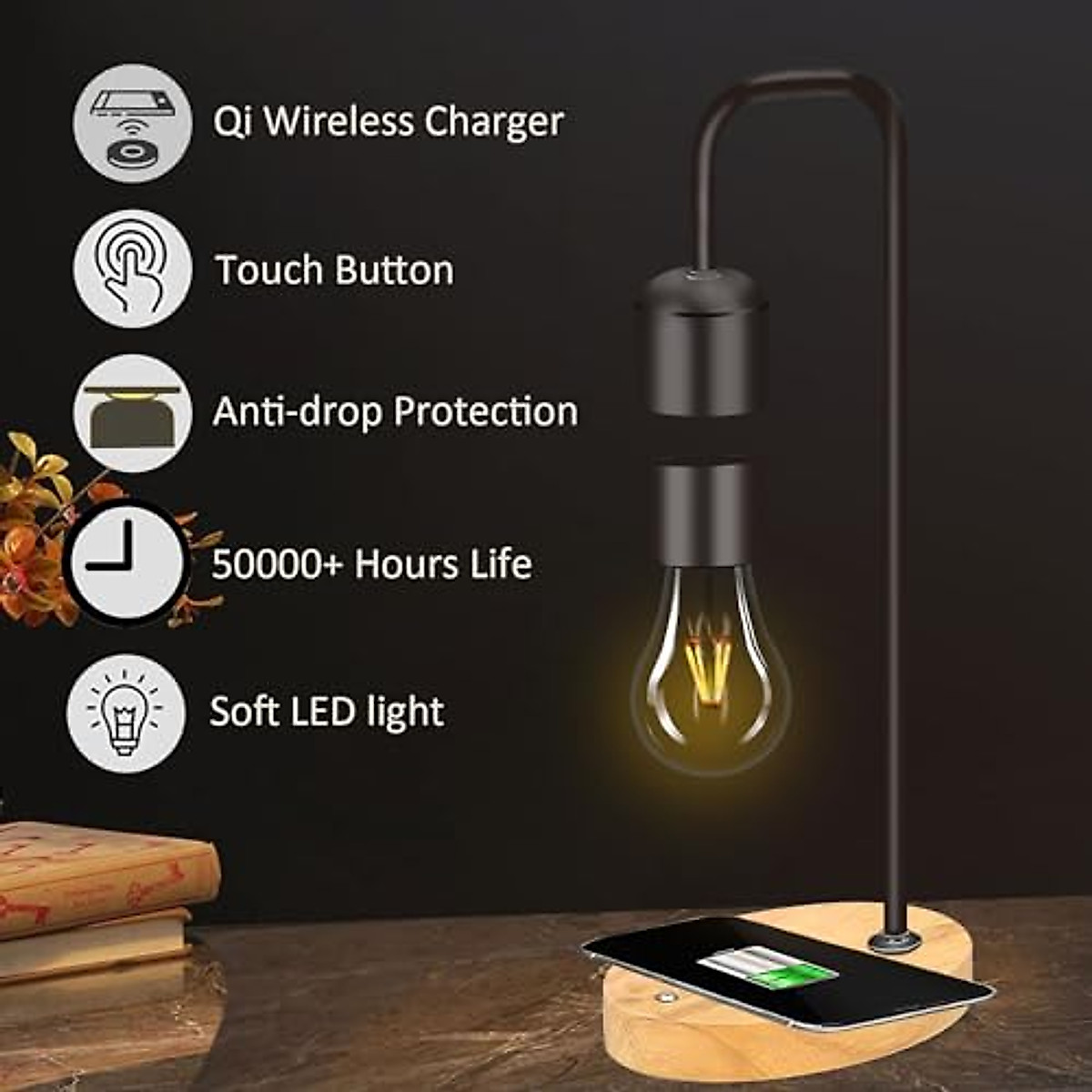 FloatGo Levitating Bulb Lamp with Wireless Phone Charger Apple Android Magnetic Floating Futuristic Lamp Black LED Night Light Desk Lamp for Christmas Gift Home Move in Decoration