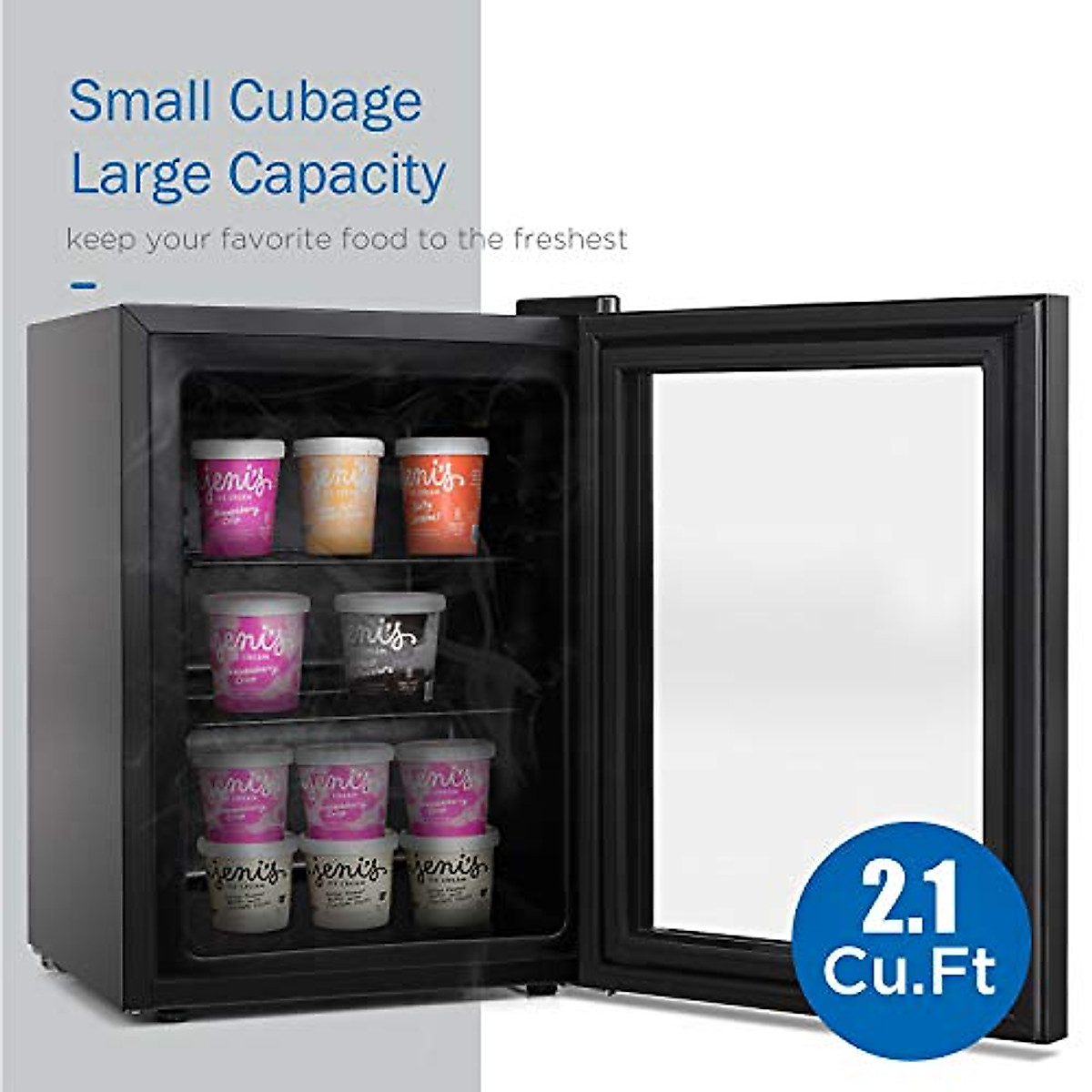 Northair Compact Mini Freezer with Glass Display Door - 2.1 Cu Ft with 2 Removable Shelves - Quiet Upright Freezer - 7 Temperature Settings - Black