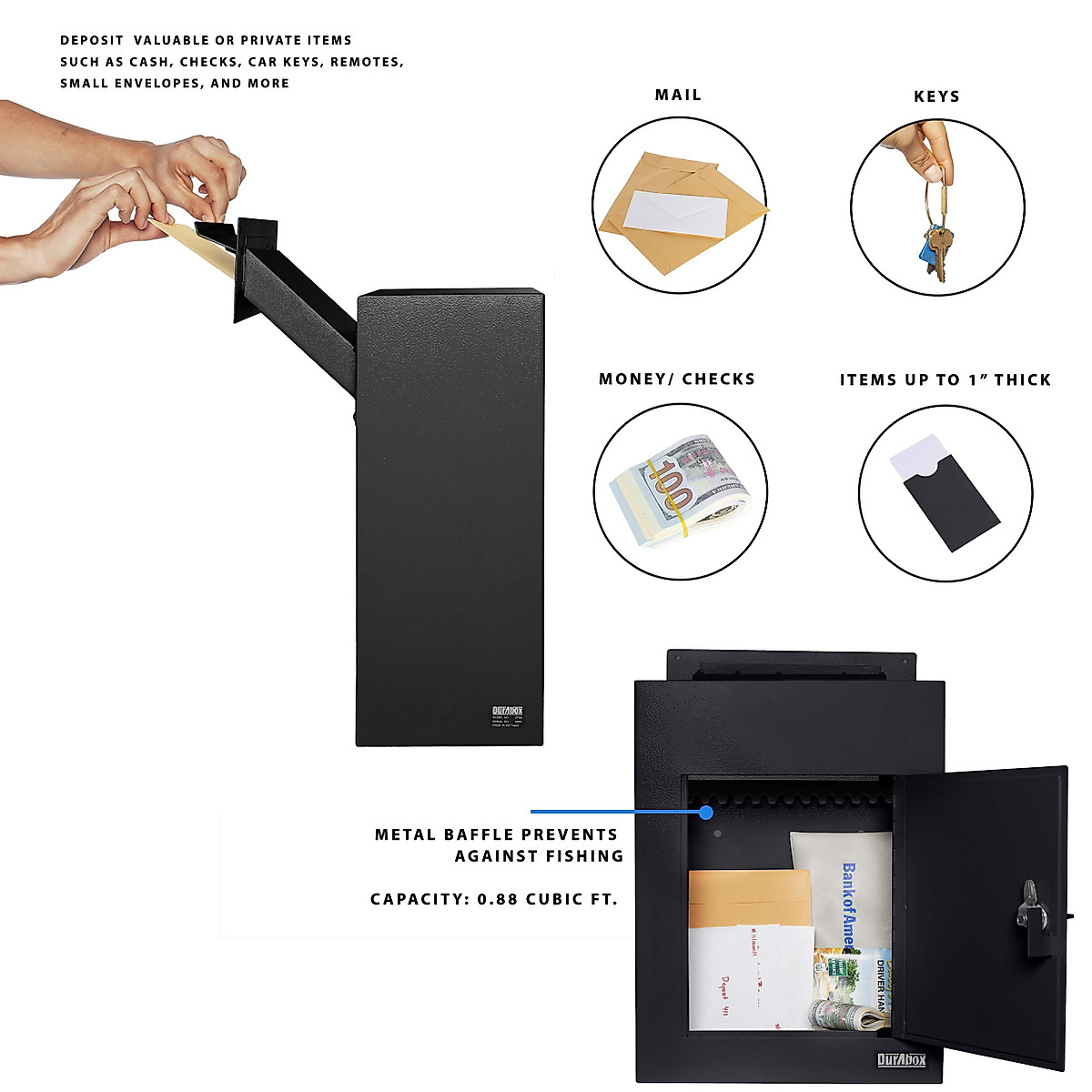 Durabox D700 Through the Wall Drop Box, Tubular Key Locking Secure Mailbox with Adjustable Chute Deposit, Pre-Drilled Mounting Holes - Safe Steel Mail Box (Black)