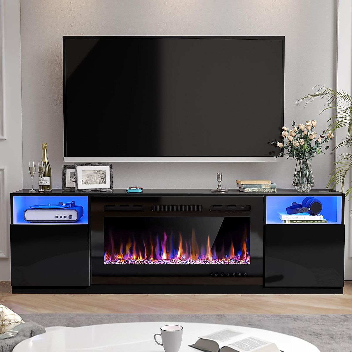 AHB 70" Fireplace TV Stand for TVs Up to 80" with 36" Electric Fireplace, TV Console for The Living Room, LED Light Entertainment Center, Storage Cabinet, Media Console Table, Black
