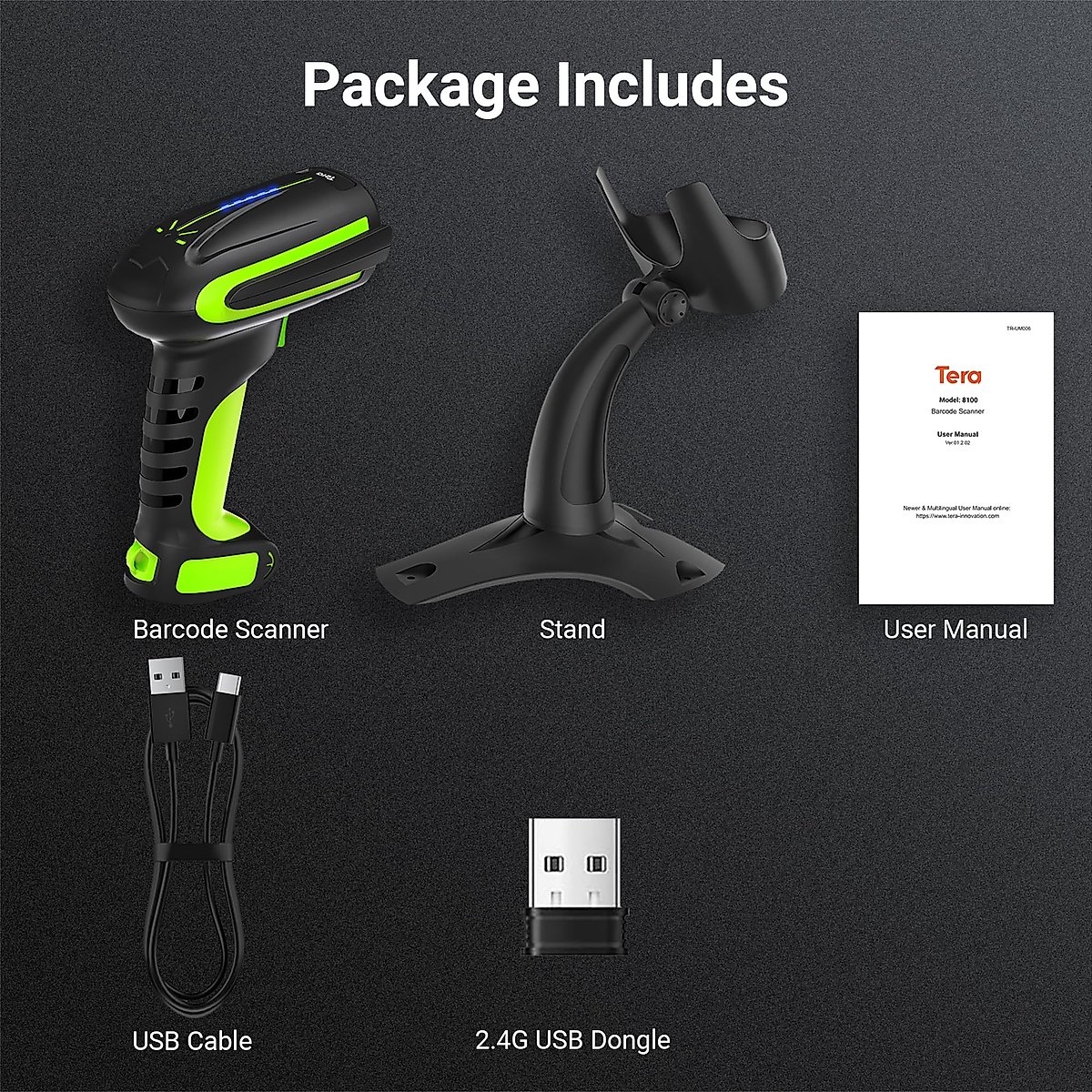 Tera Barcode Scanner Wireless 2D QR with Stand: Pro Version Battery Level Indicator 2500mAh Industrial Grade Bar Code Reader Works with Bluetooth 2.4G for Windows Mac Android iOS 8100 Pro Green