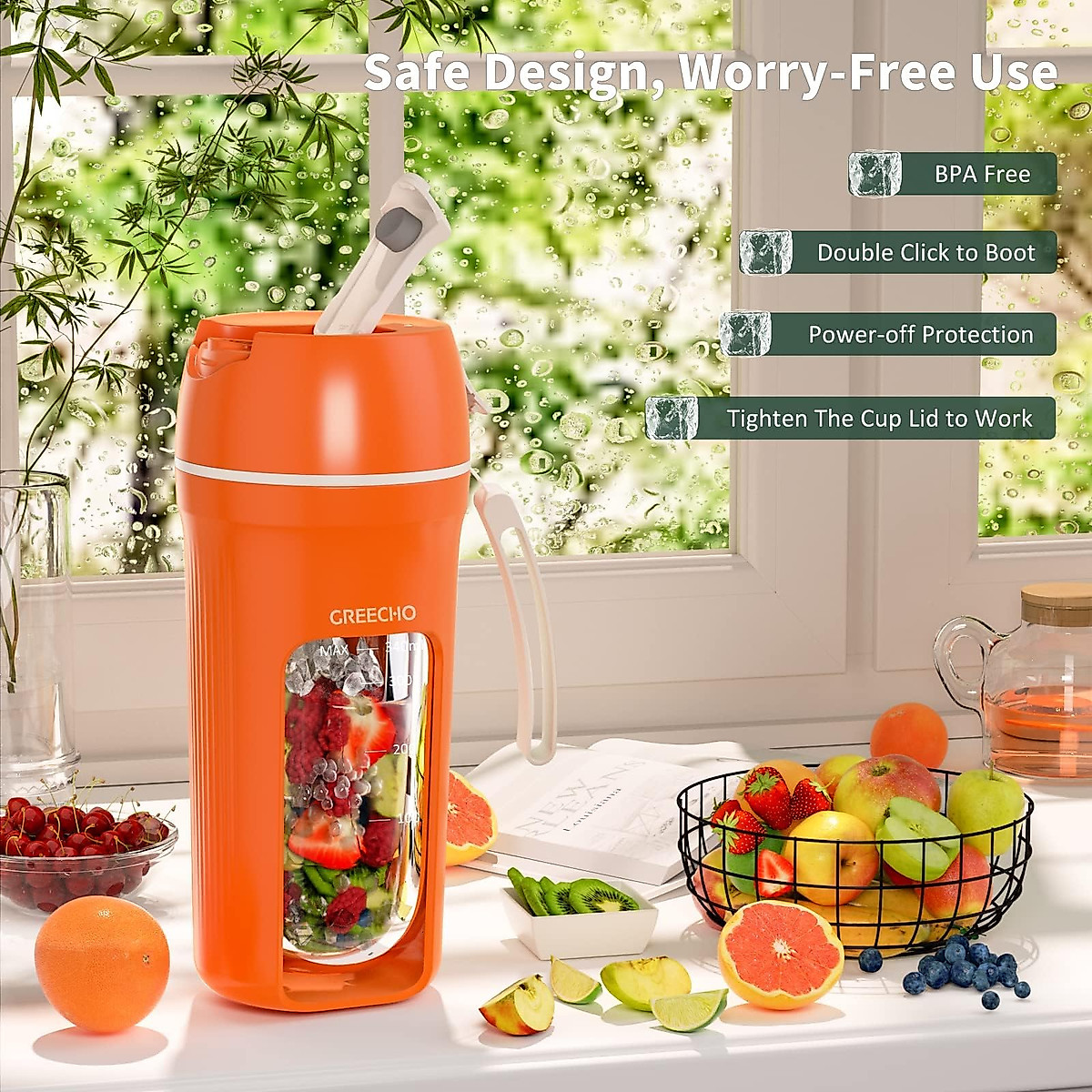 GREECHO Portable Blender, One-handed Drinking Mini Blender for Shakes and Smoothies, 12 oz Personal Blender with Rechargeable USB, Made with BPA-Free Material Portable Juicer, Carrot Orange