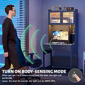 Vlsrka LED Home Office Desk with Hutch, 31.5 Inch Modern Computer Desk with Power Outlet, Wooden Bush Study Desk with Storage Drawers & Shelves (Matte Black)