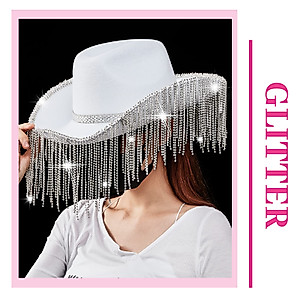 Rhinestone Cowboy Hat Glitter Cowboy Hat With Glasses, Headscarves, Adhesive Rhinestone Letter Patches(White, 1 Pack)