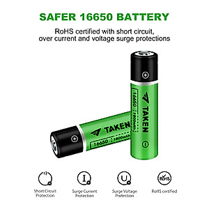 Taken 16650 Rechargeable Battery, 16650 Battery 1800mAh 3.7V Li-ion Rechargeable Battery with Button Top for Flashlights Torches - 1 Pack