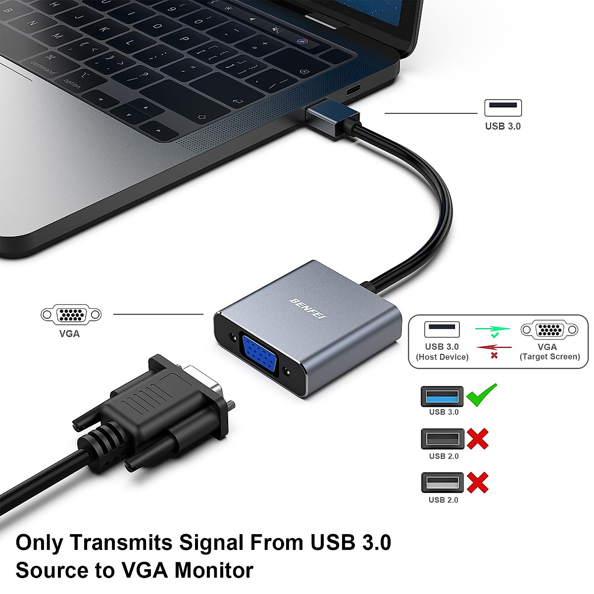 BENFEI USB 3.0 to VGA Adapter, USB 3.0 to VGA Male to Female Adapter for Windows 11, Windows 10, Windows 8.1, Windows 8, Windows 7(Not for Mac)