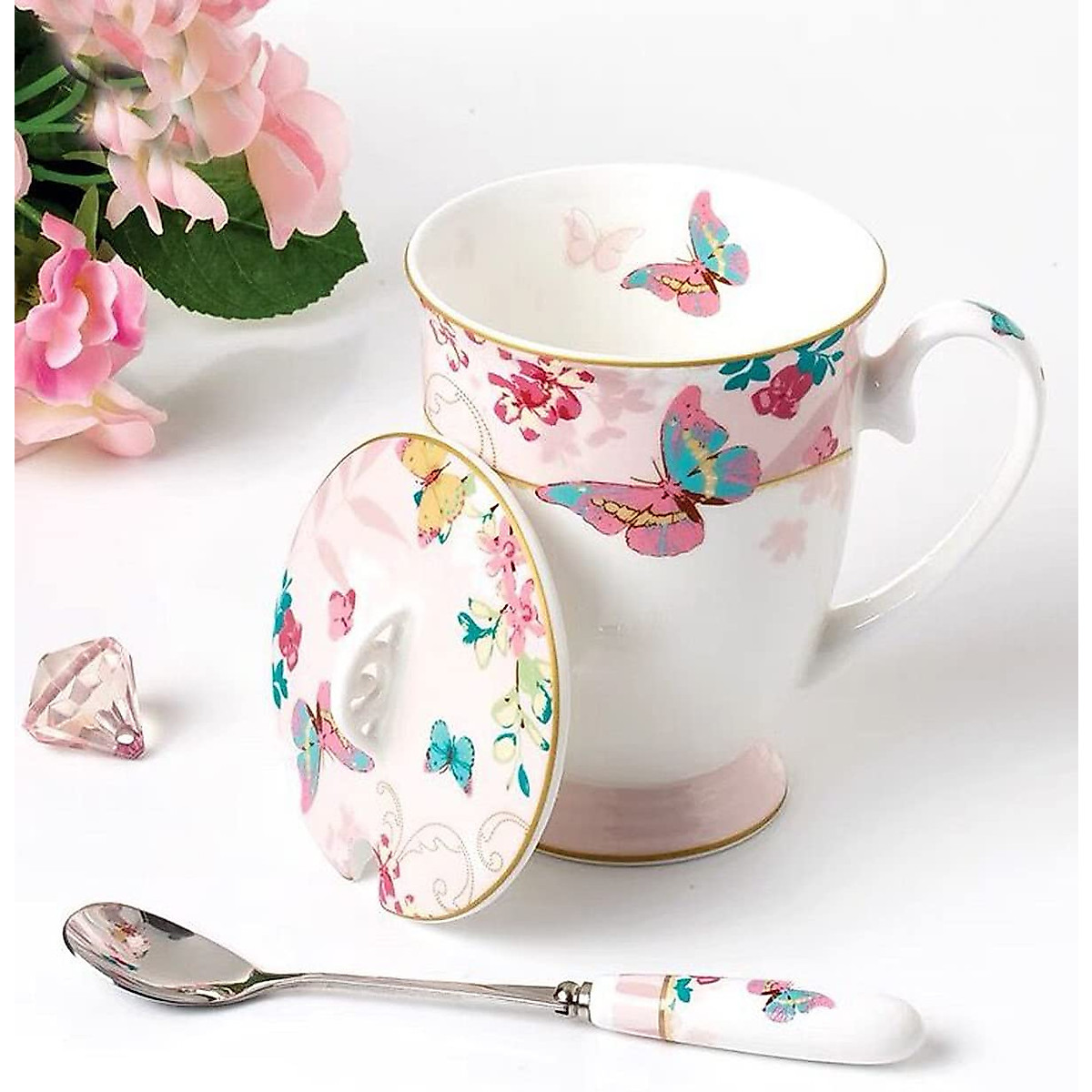 YBK Tech Euro Style Porcelain Tea Cup Coffee Mug with Lid for Breakfast Home Kitchen (((Butterflies Pattern) (Pink)))