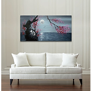 V-inspire Art, 24x48 Inch Hand-Painted Floral Artwork - Plum blossoms blooming under the moon - Chinese Paintings Canvas Wall art for Living room On Bedroom Ready to Hang