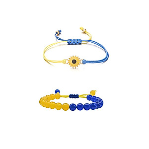 COLORFUL BLING 2 Pcs Set Ukraine Flag Bracelet with Natural Crystal Bracelet + Ukrainian Yellow Blue Bracelet Hand Braided Bracelet for Men Women Kids Unisex - Style D