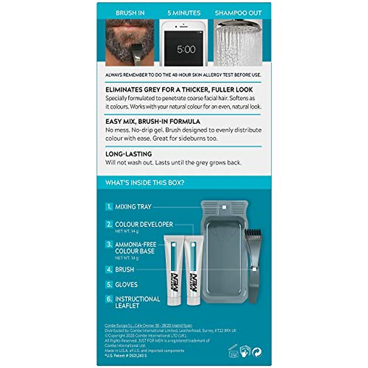 Just For Men Moustache & Beard M45 - Dark Brown Black Dye, Eliminates Grey For a Thicker & Fuller Look With An Applicator Brush Included – M45